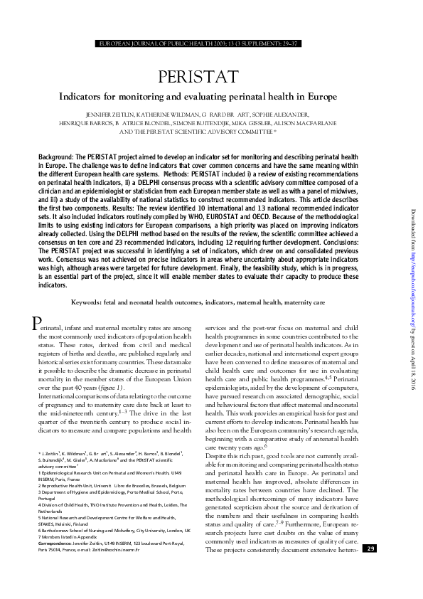(PDF) PERISTAT: Indicators for monitoring and evaluating perinatal health in Europe