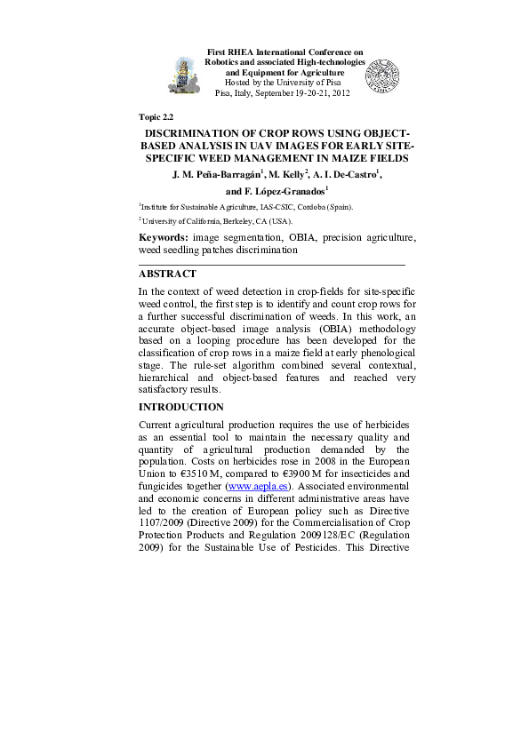 Pdf Discrimination Of Crop Rows Using Object Based Analysis In Uav