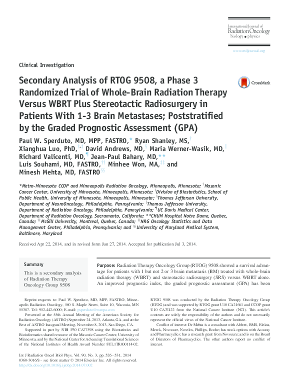 (PDF) Secondary Analysis of RTOG 9508, a Phase 3 Randomized Trial of Whole Brain Radiation ...