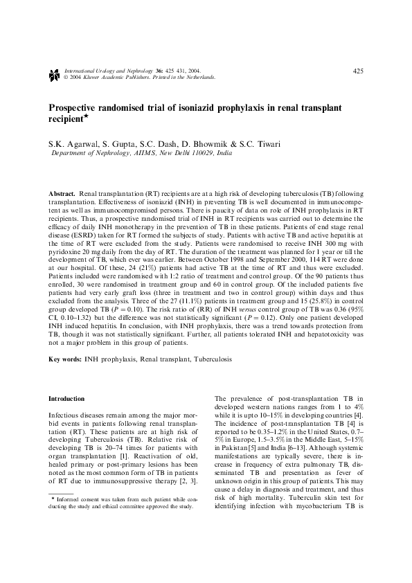 (PDF) Prospective randomised trial of isoniazid prophylaxis in renal ...