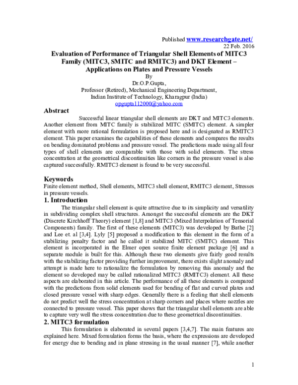 Evaluation of Performance of Triangular Shell Elements of MITC3 Family ...