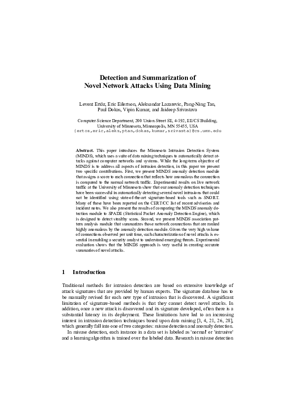 (PDF) Detection and summarization of novel network attacks using data mining