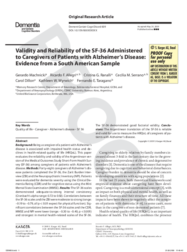 (PDF) Validity and Reliability of the SF-36 Administered to Caregivers ...