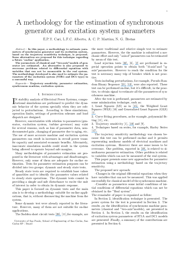 Pdf A Methodology For The Estimation Of Synchronous Generator And Excitation System Parameters
