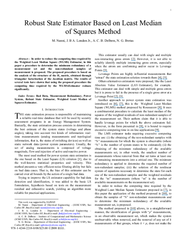Pdf Robust State Estimator Based On Least Median Of Squares Method