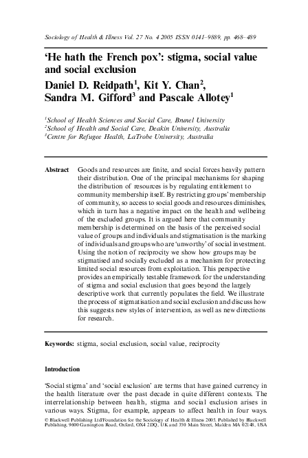 (PDF) He hath the French pox': stigma, social value and social exclusion
