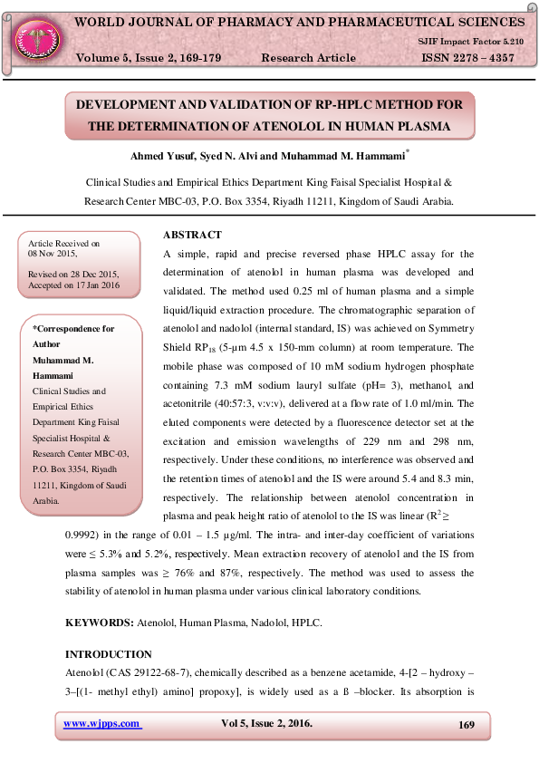 (PDF) DEVELOPMENT AND VALIDATION OF RP-HPLC METHOD FOR THE DETERMINATION OF ATENOLOL IN HUMAN PLASMA