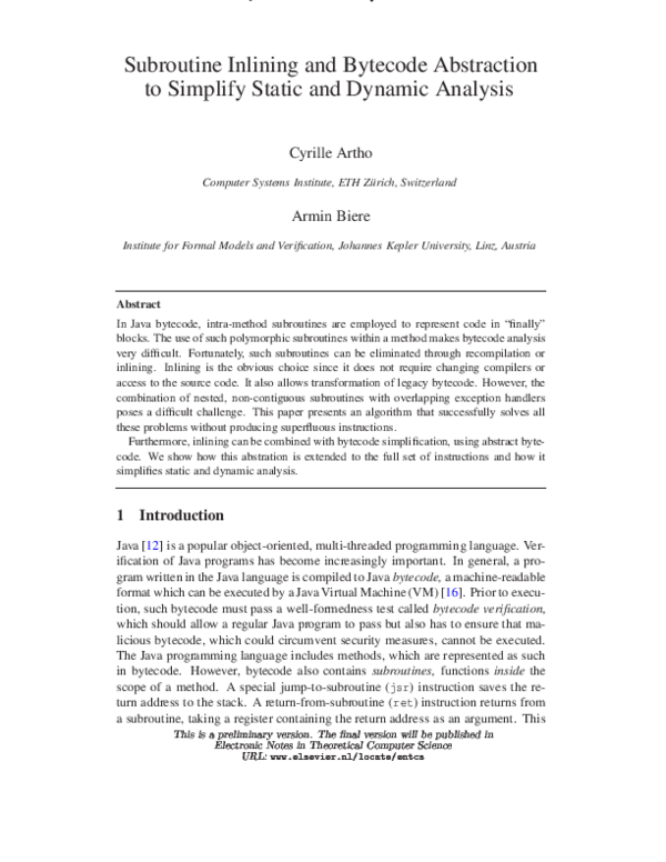 Pdf Subroutine Inlining And Bytecode Abstraction To Simplify Static And Dynamic Analysis