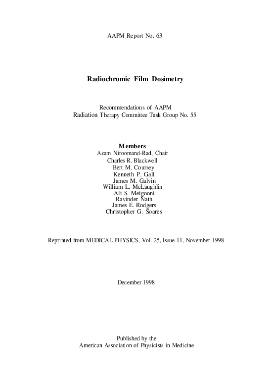 (PDF) Radiochromic film dosimetry: Recommendations of AAPM Radiation ...