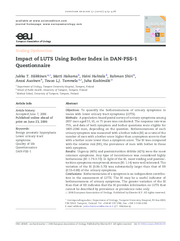 (PDF) Impact of LUTS Using Bother Index in DAN-PSS-1 Questionnaire