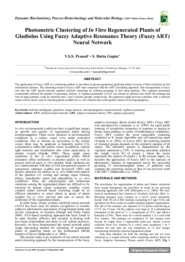 (PDF) Photometric Clustering of In Vitro Regenerated Plants of Gladiolus Using Fuzzy Adaptive ...