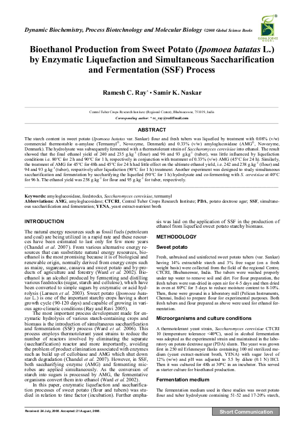 (PDF) Bioethanol Production from Sweet Potato (Ipomoea batatas L.) by Enzymatic Liquefaction and ...