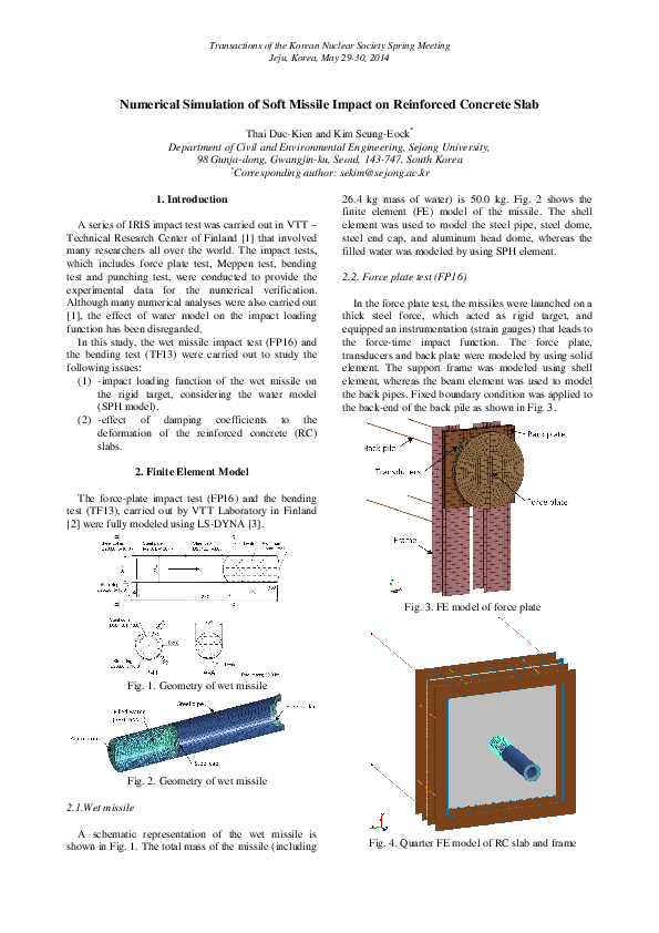 Pdf Numerical Simulation Of Soft Missile Impact On Reinforced Concrete Slab