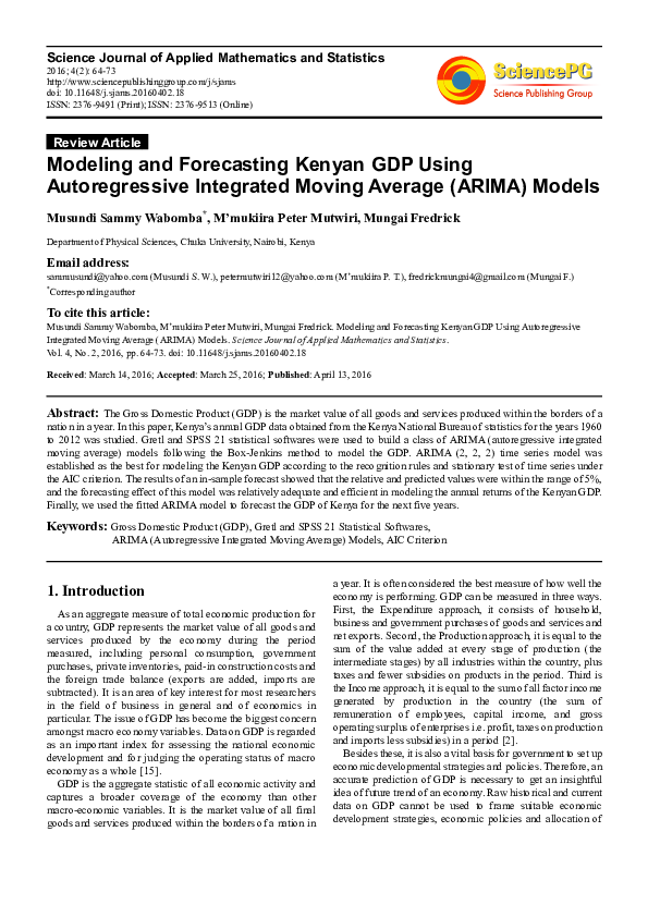 (PDF) Modeling and Forecasting Kenyan GDP Using Autoregressive Integrated Moving Average (ARIMA ...