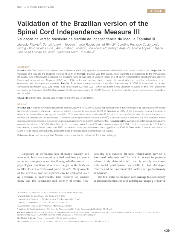 (PDF) Validation of the Brazilian version of the Spinal Cord ...