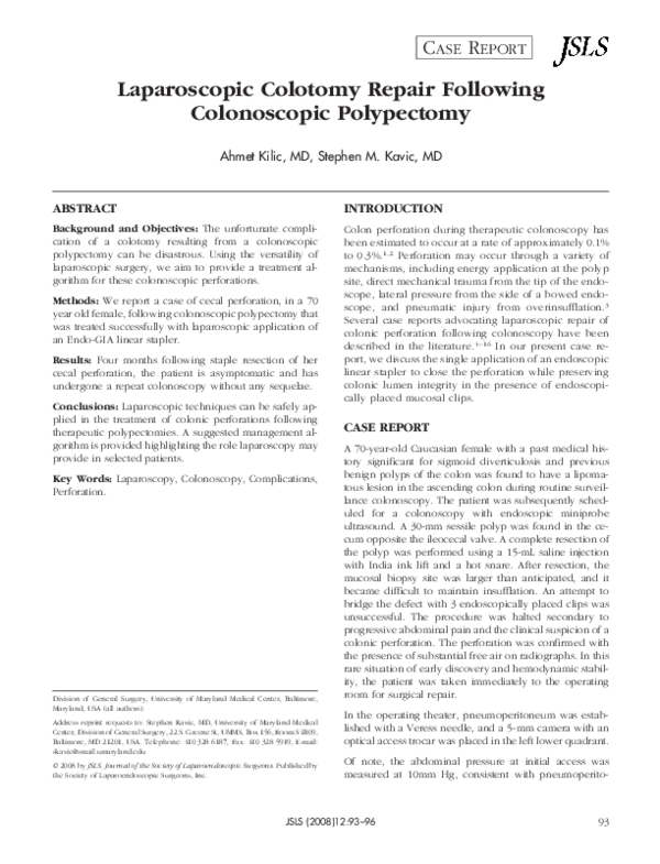 (PDF) Laparoscopic colotomy repair following colonoscopic polypectomy