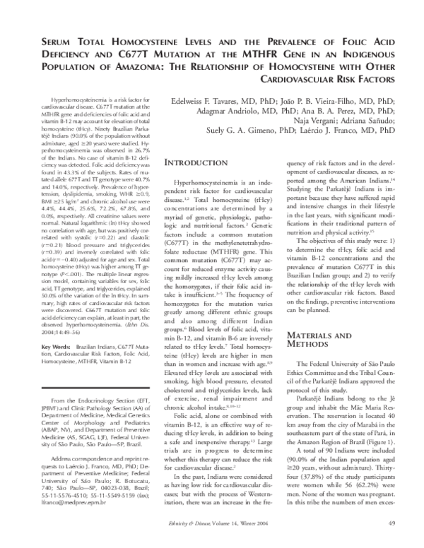 (PDF) Serum total homocysteine levels and the prevalence of folic acid deficiency and C677T ...
