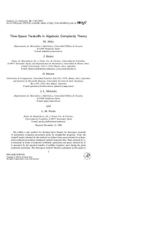 Pdf Time Space Tradeoffs In Algebraic Complexity Theory