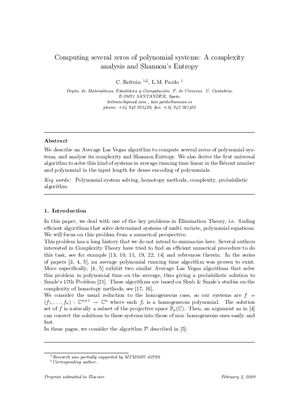 Pdf Computing Several Zeros Of Polynomial Systems A Complexity