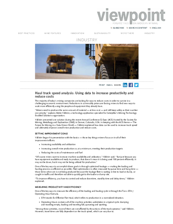 (PDF) Haul truck speed analysis and Effect on Fleet Optimization