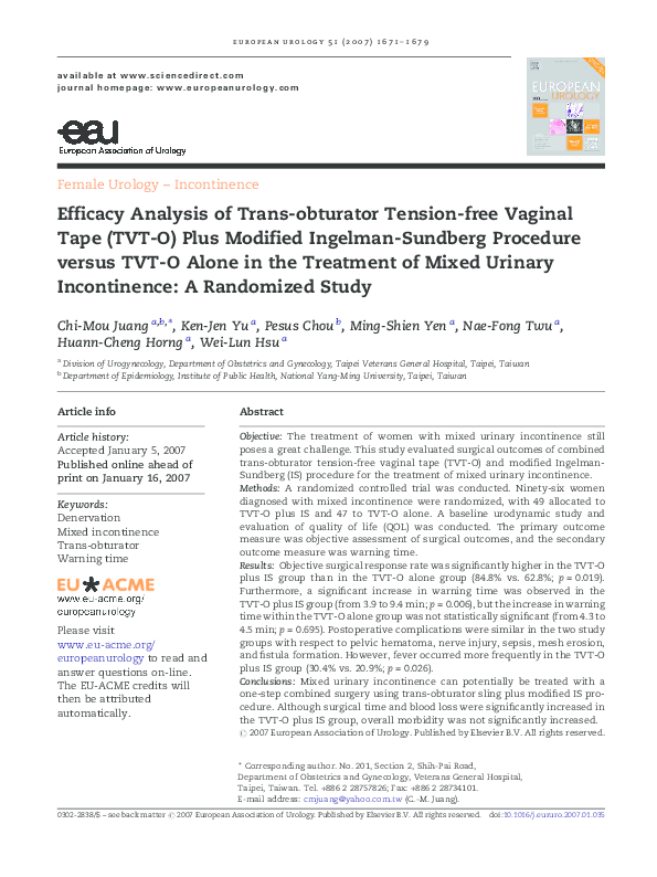 (PDF) Efficacy Analysis of Trans-obturator Tension-free Vaginal Tape ...