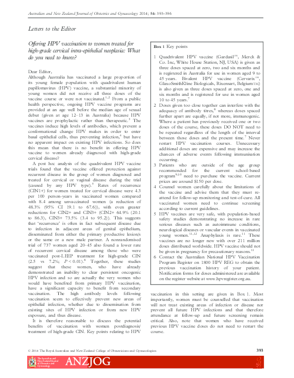 (PDF) Offering HPV vaccination to women treated for high-grade cervical ...