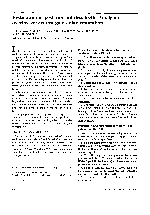 (PDF) Restoration of posterior pulpless teeth: Amalgam overlay versus ...