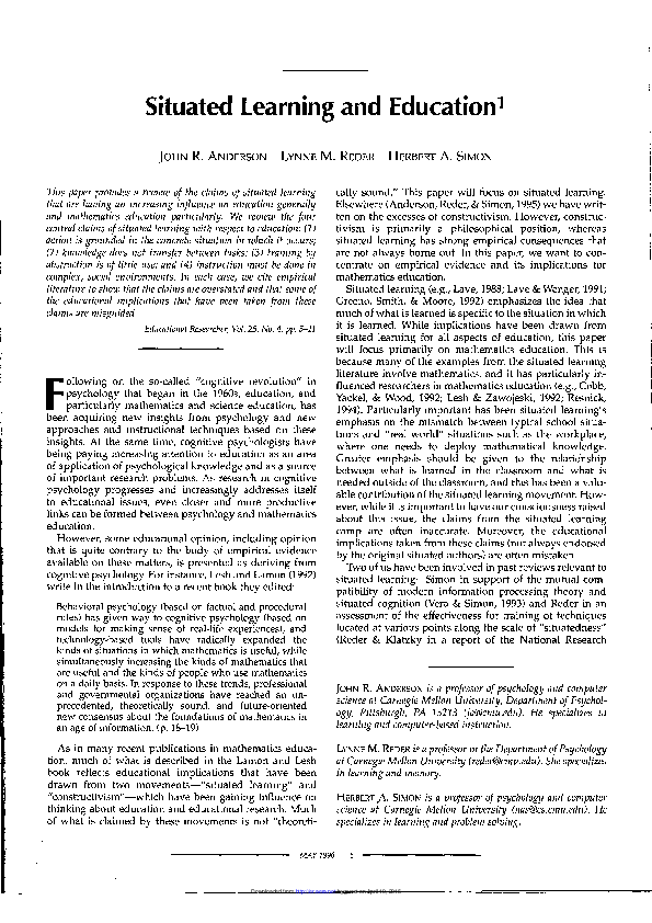(PDF) Situated learning and education