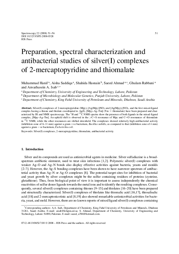 (PDF) Preparation, spectral characterization and antibacterial studies of silver(I) complexes of ...