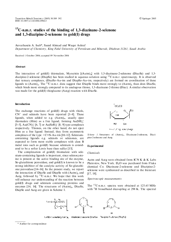 (PDF) 13C-n.m.r. studies of the binding of 1,3-diazinane-2-selenone and ...