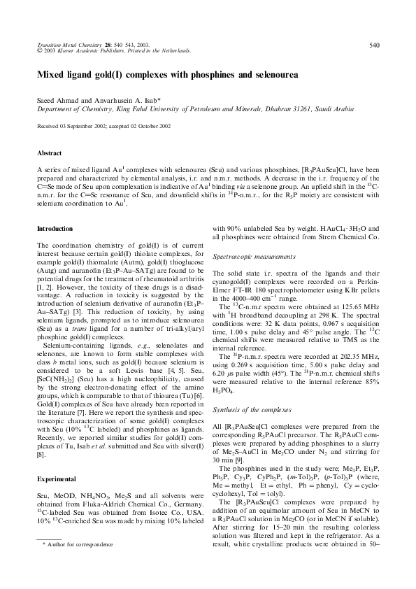 (PDF) Mixed ligand gold (I) complexes with phosphines and selenourea