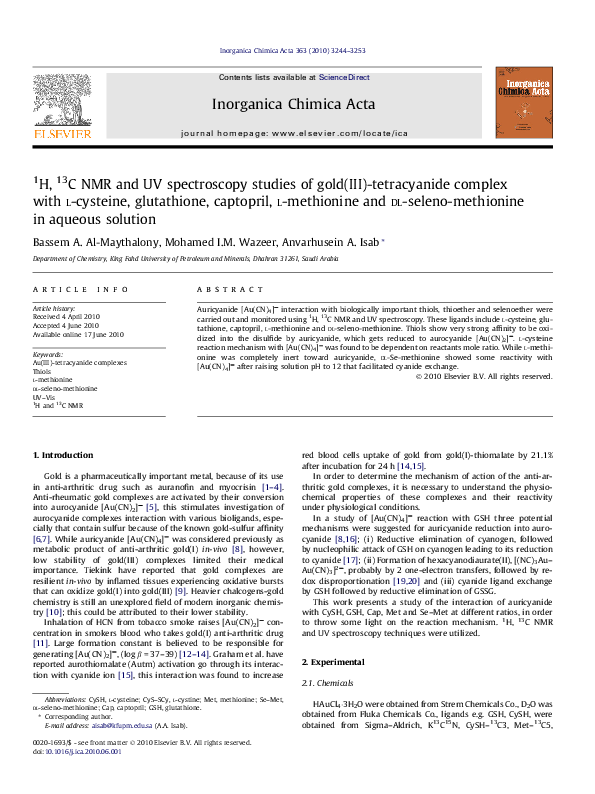 (PDF) 1H, 13C NMR and UV spectroscopy studies of gold(III)-tetracyanide complex with l-cysteine ...