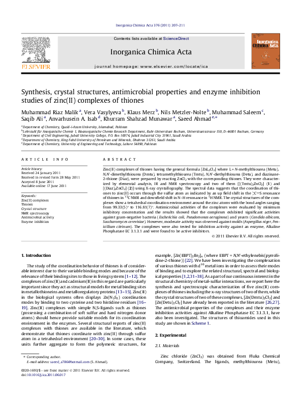 (PDF) Synthesis, crystal structures, antimicrobial properties and enzyme inhibition studies of ...