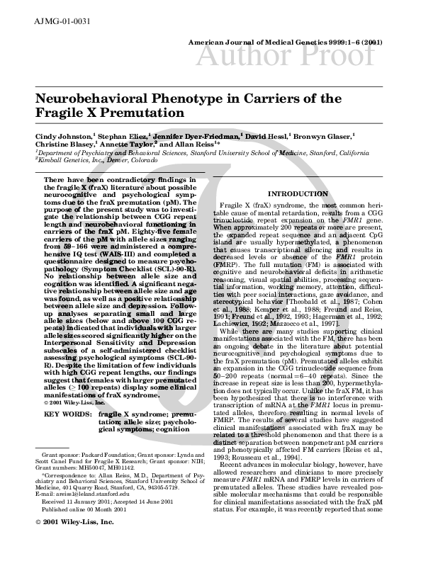 (PDF) Neurobehavioral phenotype in carriers of the fragile X premutation