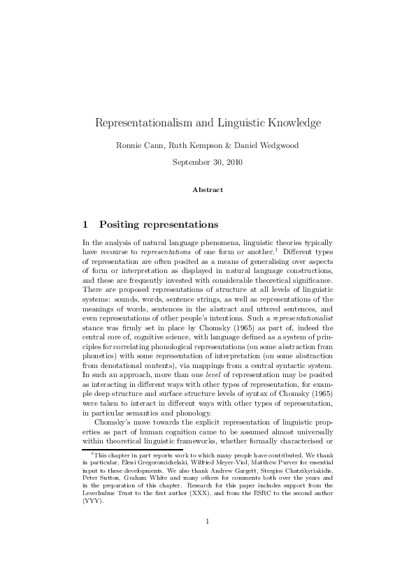 (PDF) Representationalism and Linguistic Knowledge