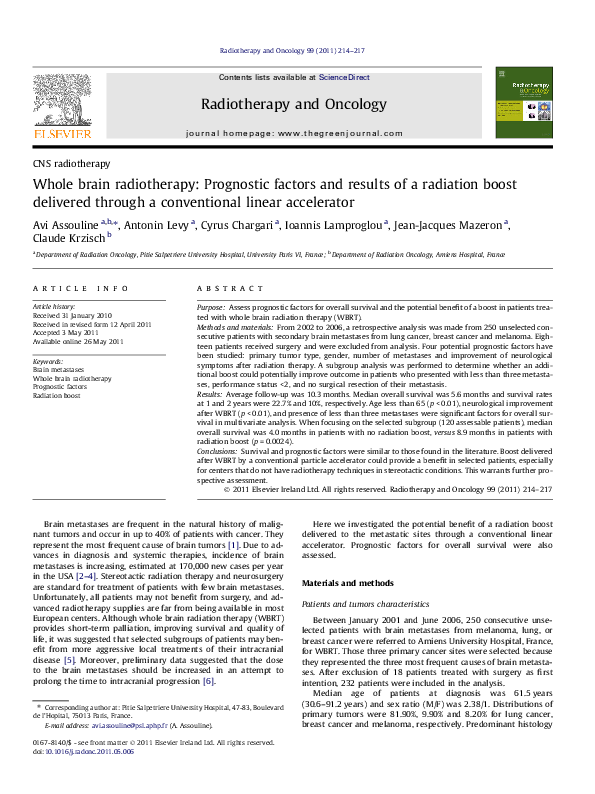 (PDF) Whole brain radiotherapy: Prognostic factors and results of a radiation boost delivered ...