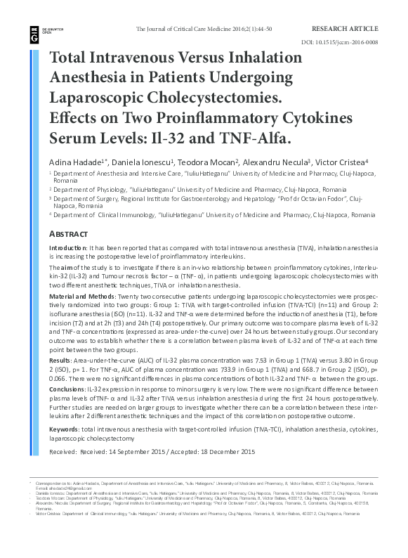 (PDF) Total Intravenous Versus Inhalation Anesthesia in Patients Undergoing Laparoscopic ...