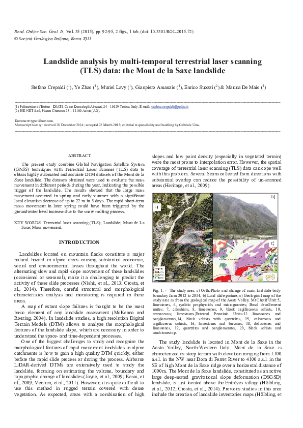 (PDF) Landslide analysis by multi-temporal terrestrial laser scanning (TLS) data: the Mont de la ...