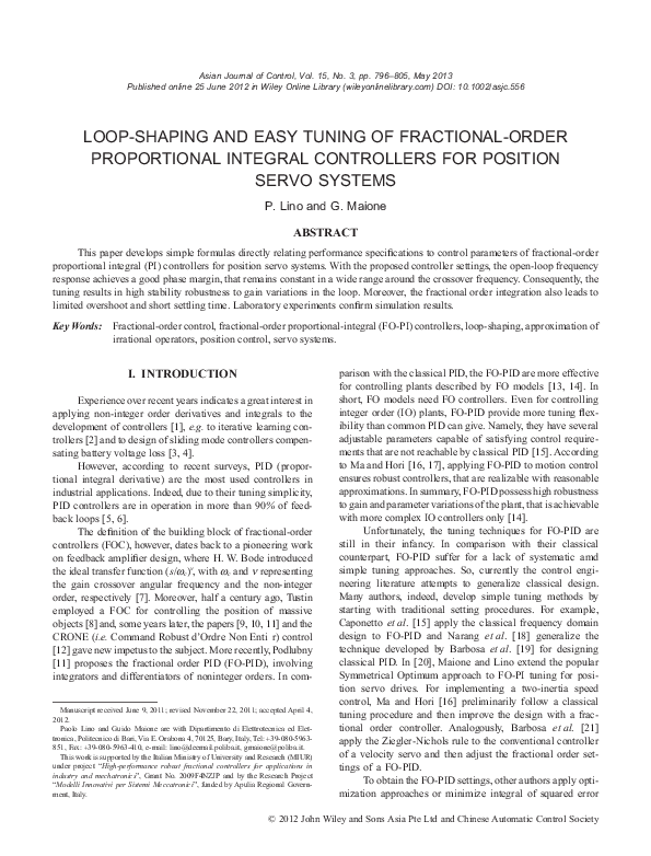(PDF) Loop-Shaping and Easy Tuning of Fractional-Order Proportional Integral Controllers for ...