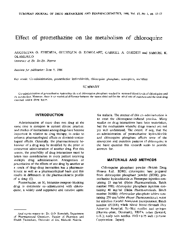 (PDF) Effect of promethazine on the metabolism of chloroquine