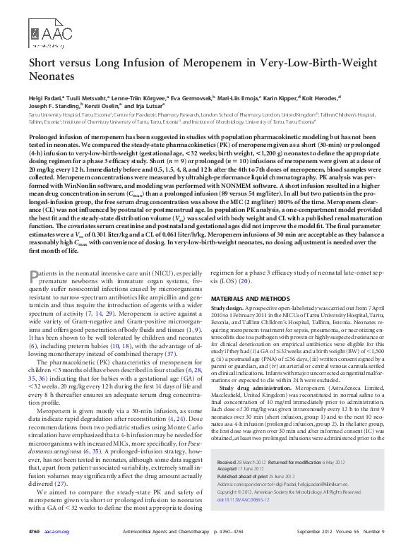 (PDF) Short versus Long Infusion of Meropenem in Very-Low-Birth-Weight ...