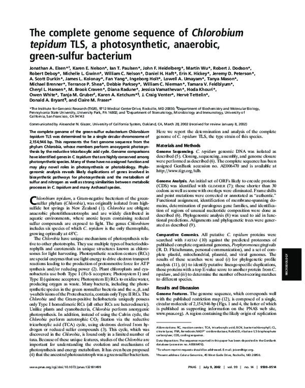 (PDF) The complete genome sequence of Chlorobium tepidum TLS, a ...