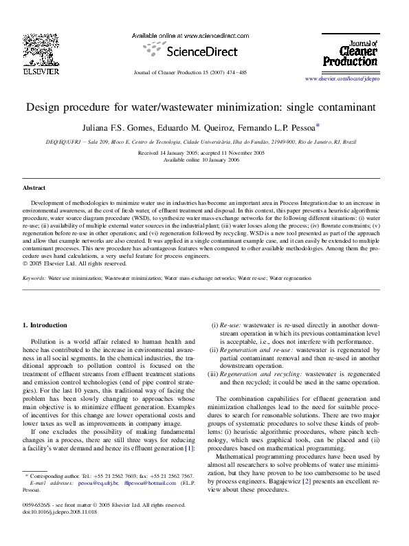 (PDF) Design procedure for water/wastewater minimization: single contaminant