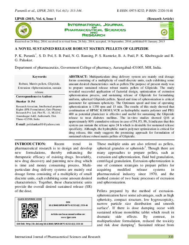 Pdf A Novel Sustained Release Robust Matrix Pellets Of Glipizide