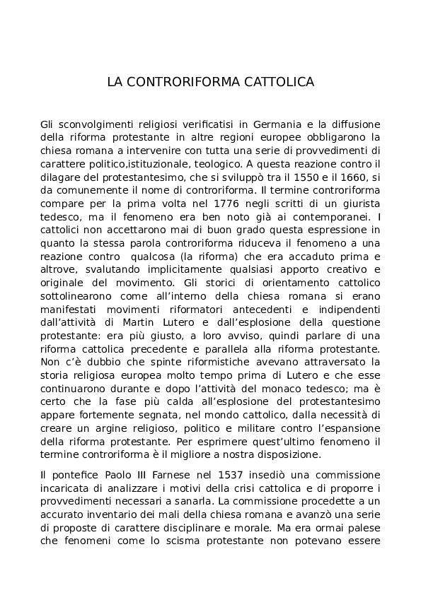 (DOC) LA CONTRORIFORMA CATTOLICA