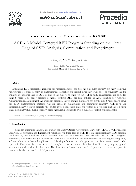 Pdf Ace A Model Centered Reu Program Standing On The Three Legs Of Cse Analysis