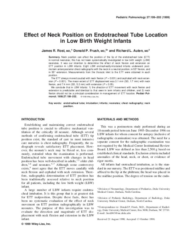 (PDF) Effect of neck position on endotracheal tube location in low ...