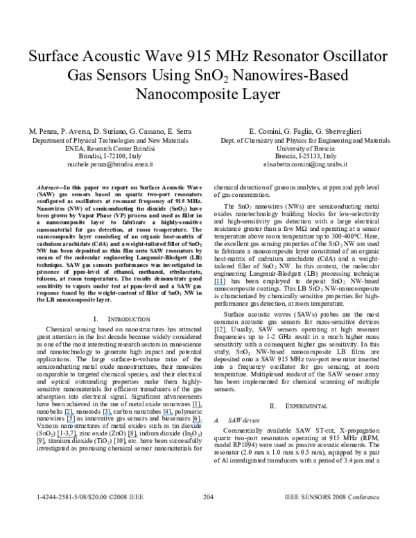 (PDF) Surface acoustic wave 915 MHz resonator oscillator gas sensors using SnO2 nanowires-based ...
