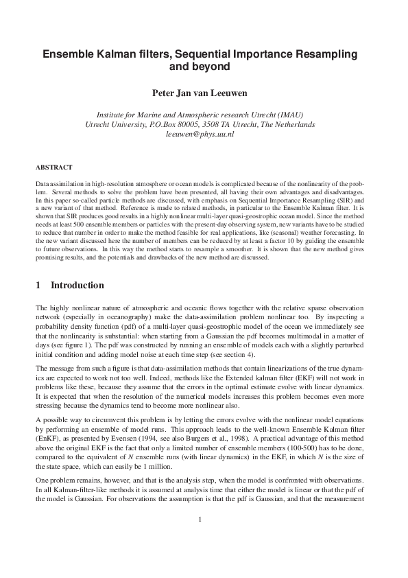 Pdf Ensemble Kalman Filters Sequential Importance Resampling And Beyond
