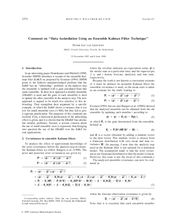 Pdf Comment On Data Assimilation Using An Ensemble Kalman Filter Technique”
